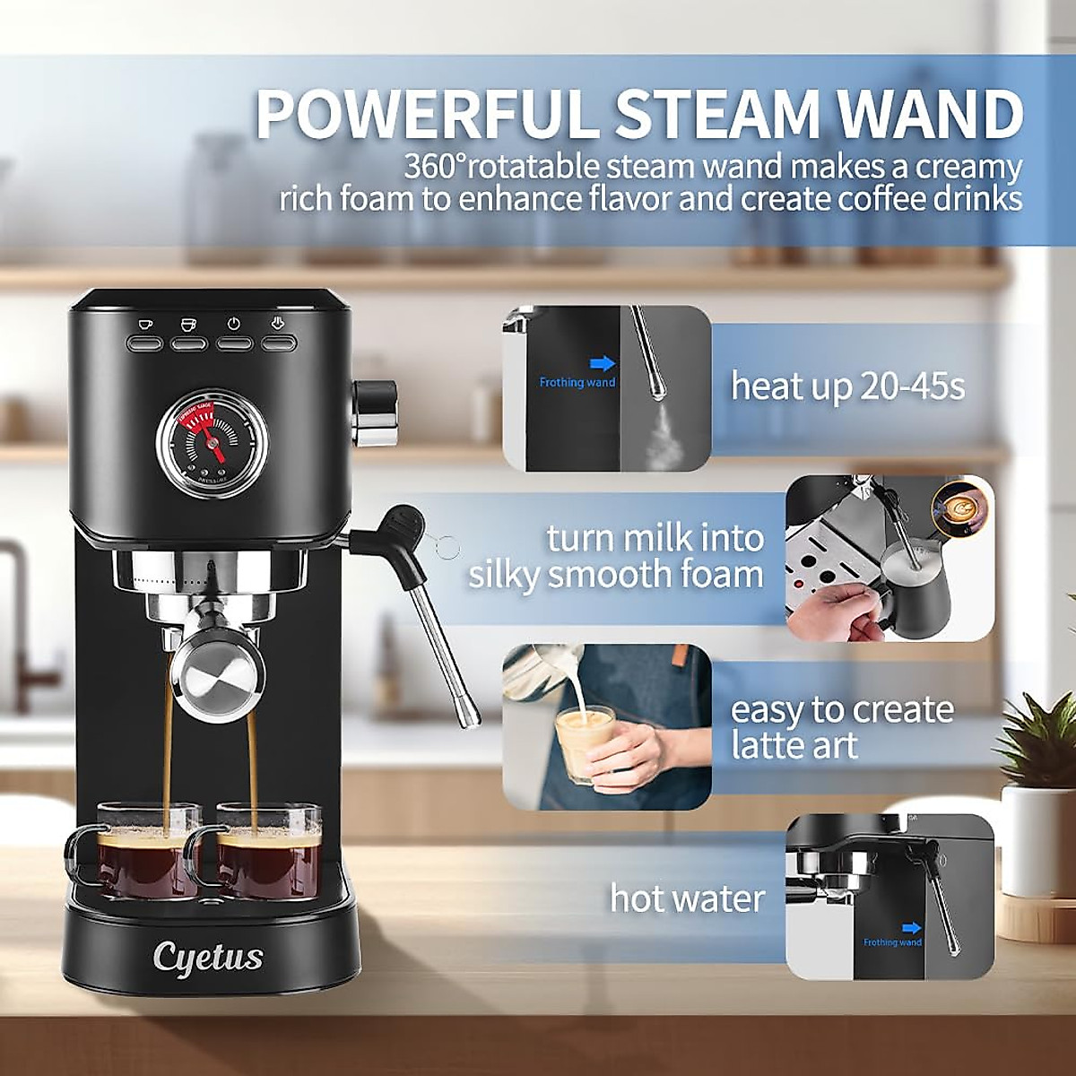 CYETUS Espresso Machine 20 Bar with Milk Frother Steam Wand, Compact Small Coffee Machine for Home, Pressure Gauge, Barista Espresso Maker Latte Cappuccino, Stainless Steel, Black