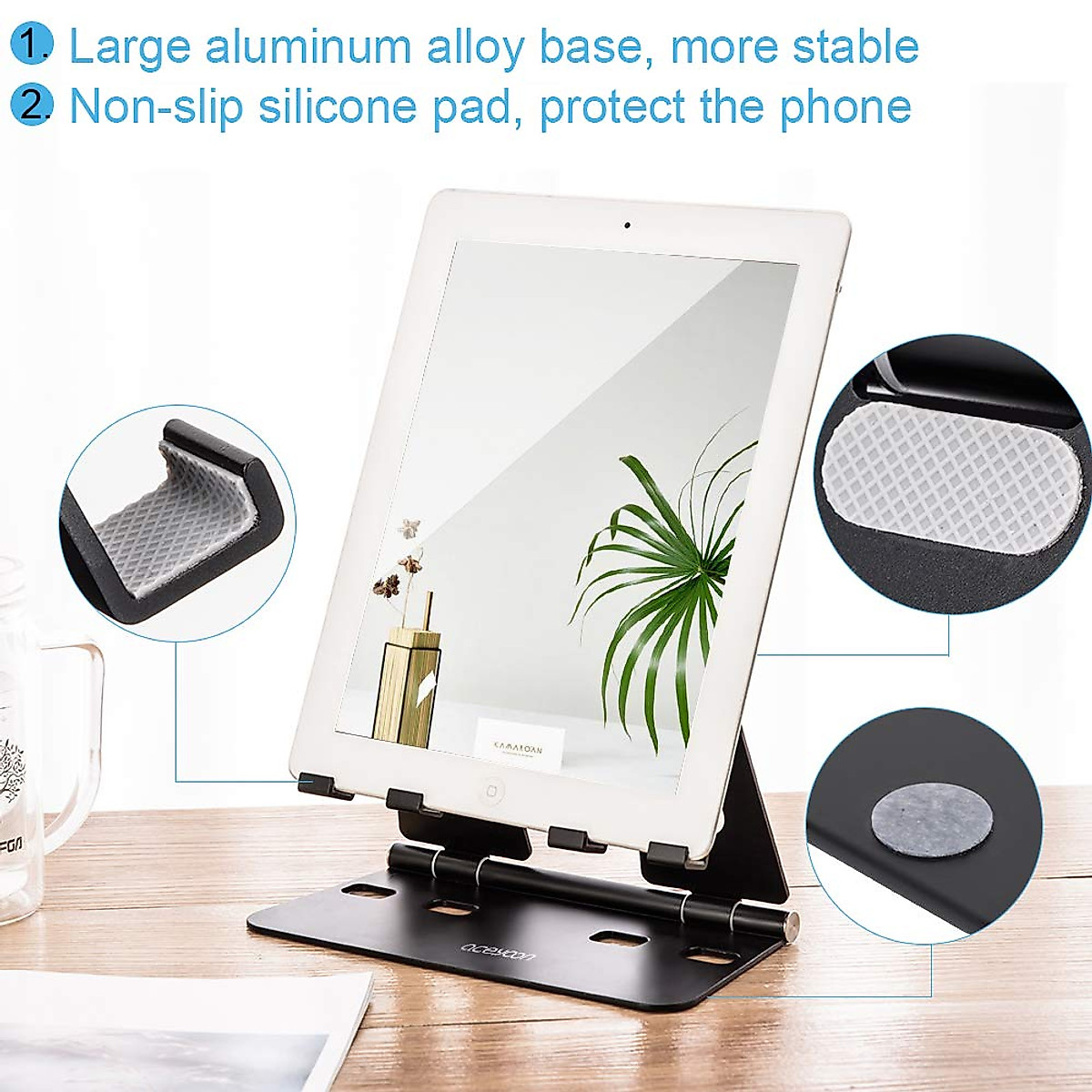 aceyoon Adjustable Tablet Stand, iPad/Cell Phone Holder for Desk, Aluminum Alloy Stand Holder for 2 Phones or a Tablet/Kindle, Sturdy Dual Stands, Foldable and Portable, Black