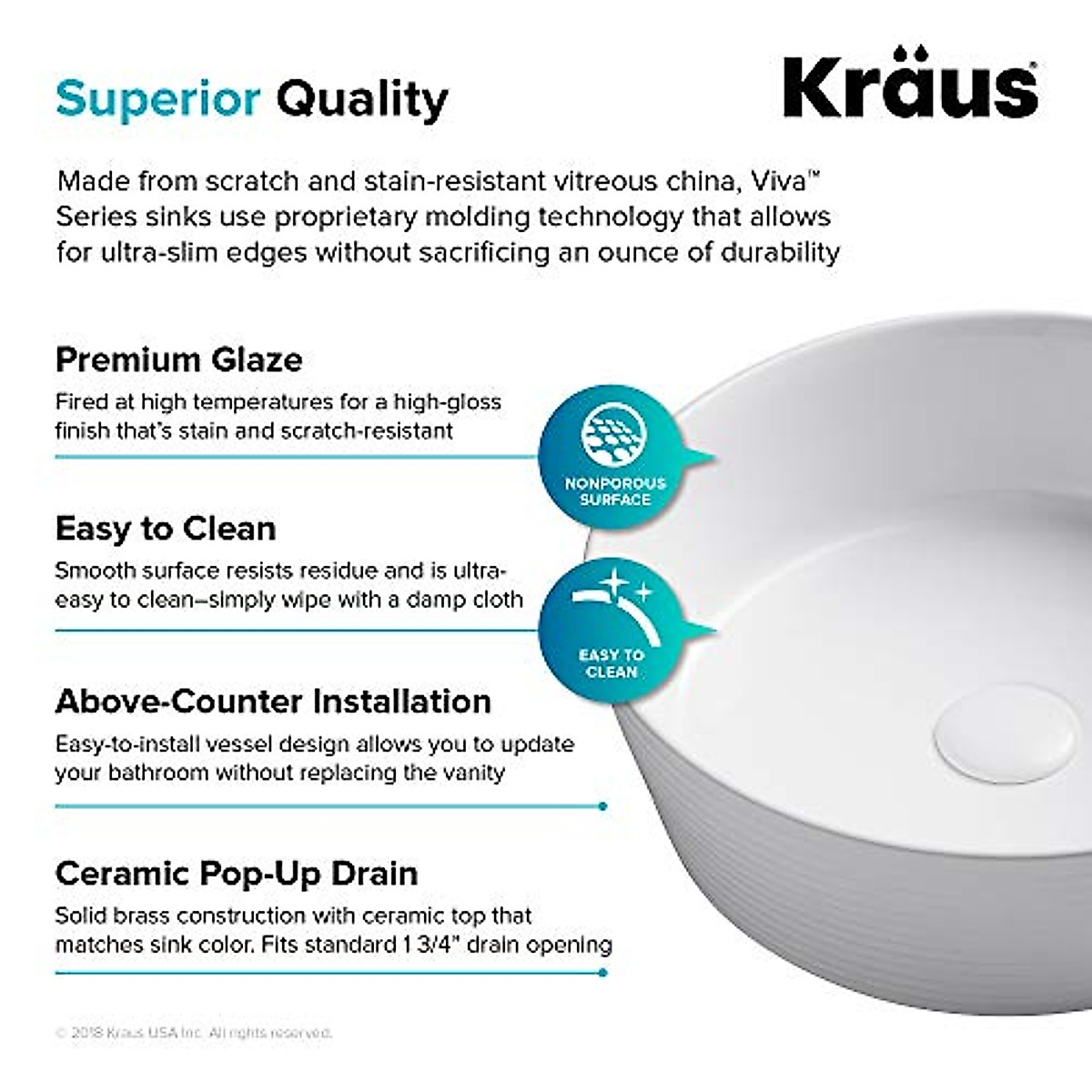 KRAUS Viva™ Round White Porcelain Ceramic Vessel Bathroom Sink with Pop-Up Drain, 15 3/4 in. D x 5 3/8 in. H, KCV-205GWH