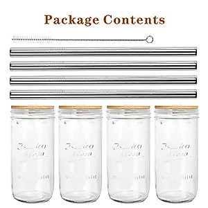 Mason Jar with Lid and Straw, ANOTION 24oz Wide Mouth Boba Cup Reusable Drinking Glasses Tumbler Smoothie Water Bottles for Iced Coffee Margaritas Ice Cream Juice Cocktail Travel Office Home, 4 Packs