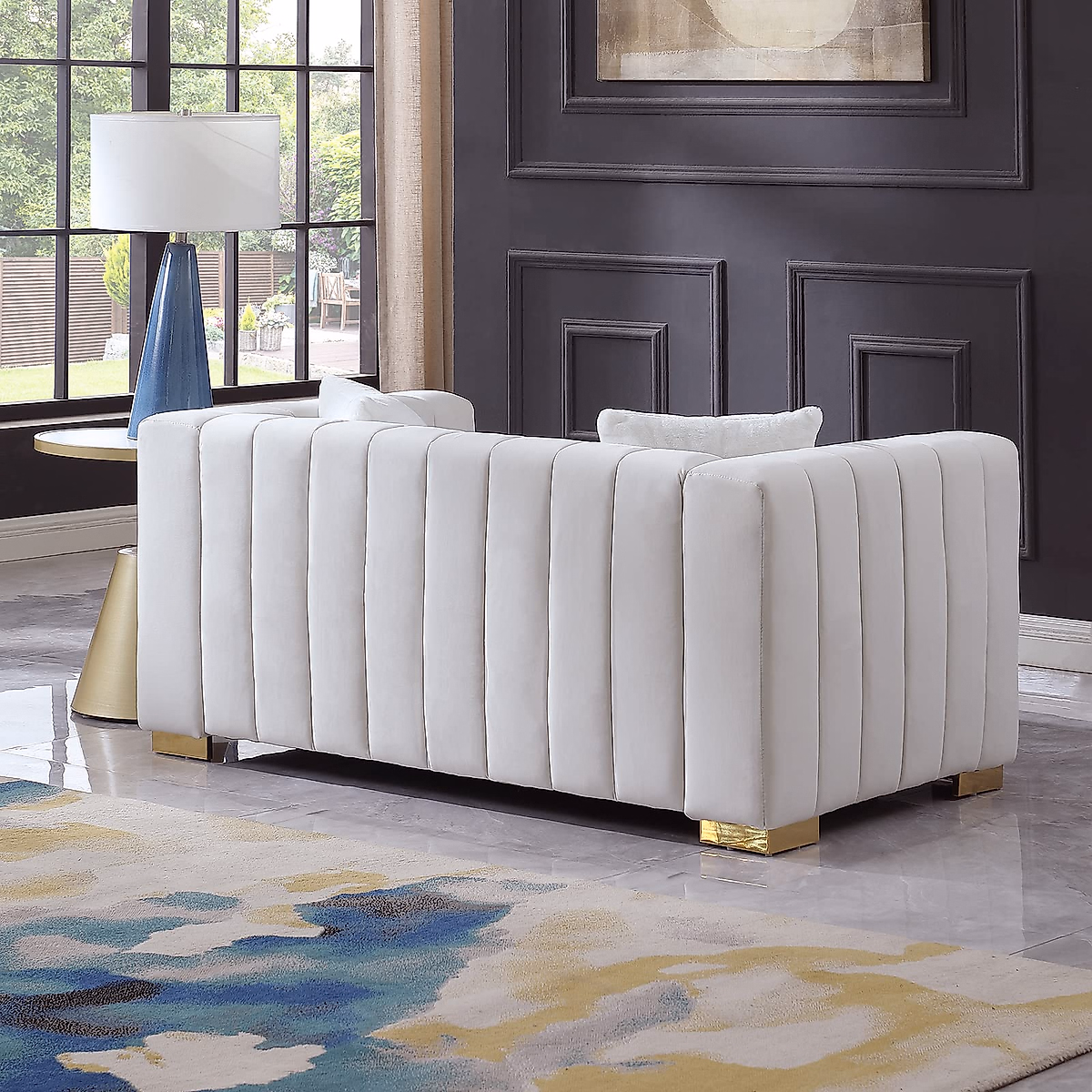 DREAMODERN 62.6'' Chesterfield Sofa Loveseat Couch for Living Room, Modern Velvet 2-seat Upholstered Sofa Couch with Pillows and Strong Gold Metal Legs for Apartment Bedroom Dorm Office - White