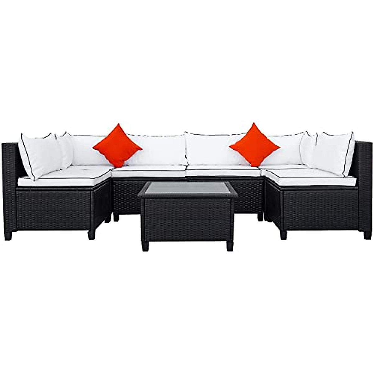 GAOPAN 7 Piece Garden Outdoor Modular Wicker Furniture Set, Sectional Rattan Sofa Patio Lounge & Deep Seating Conversation Furnishings with Cushions,Accent Pillows & Coffee Table, White+Black