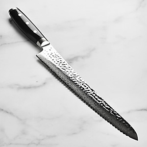 Enso 10.75" Bread Knife - Made in Japan - HD Series - VG10 Hammered Damascus Stainless Steel - Large Scalloped Slicing Knife for Breads, Melons & Meats
