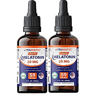 Vitamatic 2 Packs Melatonin 20mg Liquid Drops - 2 Fluid Ounce (59ml) - Natural Berry Flavor - for Adults - Non-GMO - Vegetarian Supplement
