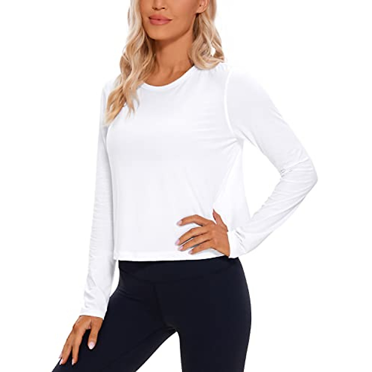 CRZ YOGA Pima Cotton Long Sleeve Workout Shirts for Women Loose Cropped Tops Athletic Sports T-Shirt White Small