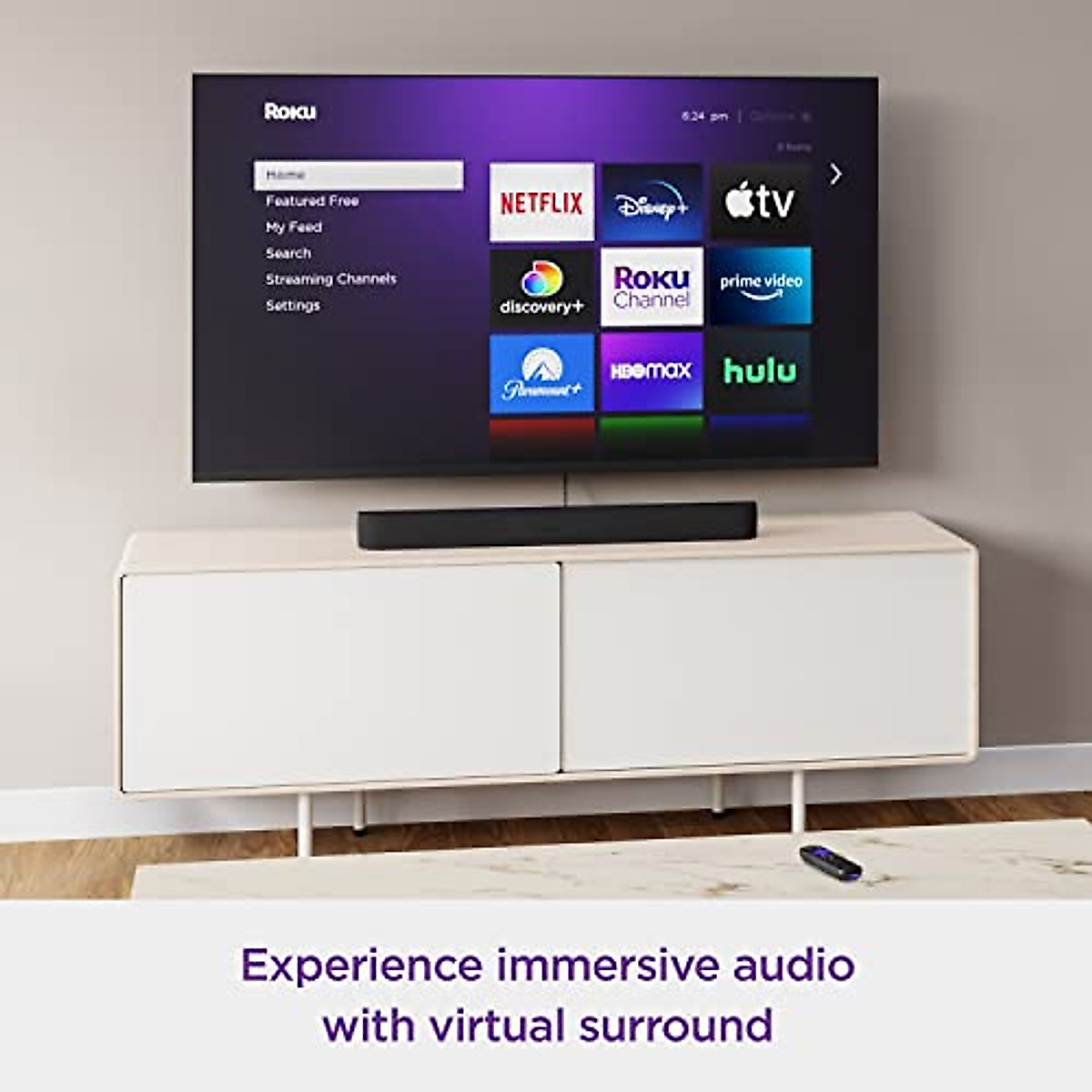 Roku Streambar Pro | 4K/HD/HDR Streaming Media Player & Cinematic Sound, All In One, Roku Voice Remote with Headphone Jack for Private Listening, Personal Shortcut Buttons, and TV Controls (Renewed)