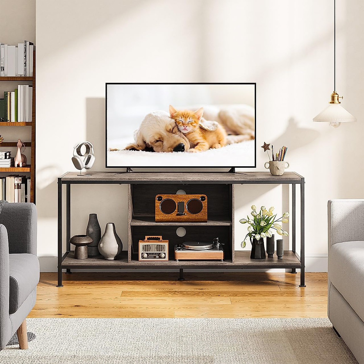 Gizoon TV Stand for TVs up to 65 Inch,Entertainment Center with Open Storage Shelves,TV Media Console Table for Living Room and Bedroom, Gray