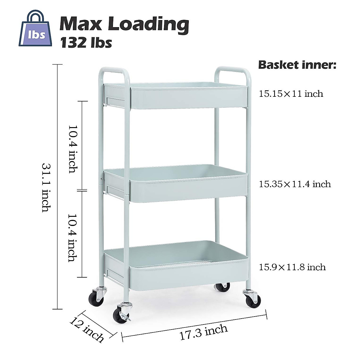 TOOLF 3-Tier Rolling Cart, Easy Assembly Metal Utility Cart with Lockable Wheels, Storage Craft Art Cart Trolley Organizer Serving Cart for Office, Bathroom, Kitchen, Kids' Room, Green