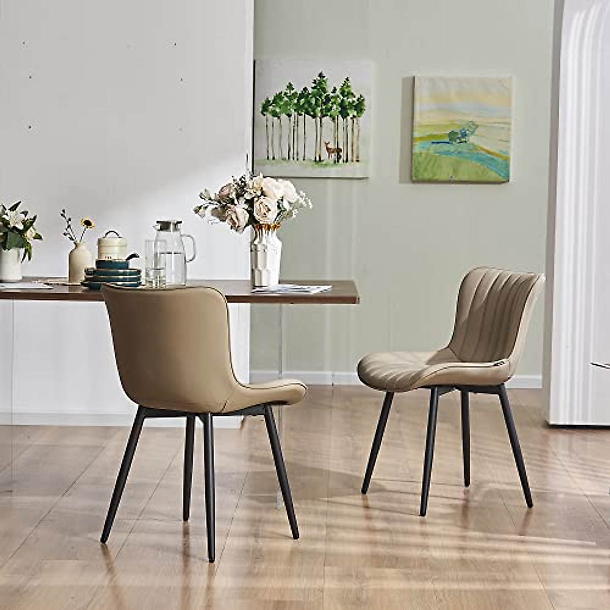 YOUNUOKE Dining Chairs Set of 2 Upholstered Mid Century Modern Lounge Chair Armless Faux Leather Makeup Chairs with Padded Backs Metal Legs Adjustable Feet for Kitchen Living Room Bedroom Khaki
