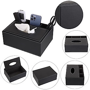 Sumnacon PU Leather Rectangular Tissue Box Cover - Multifunctional Tissue Box Holder with Stationery Remote Control Box, Decorative Tissue Pen Remote Organizer for Home/Office/Car/Restaurant, Black