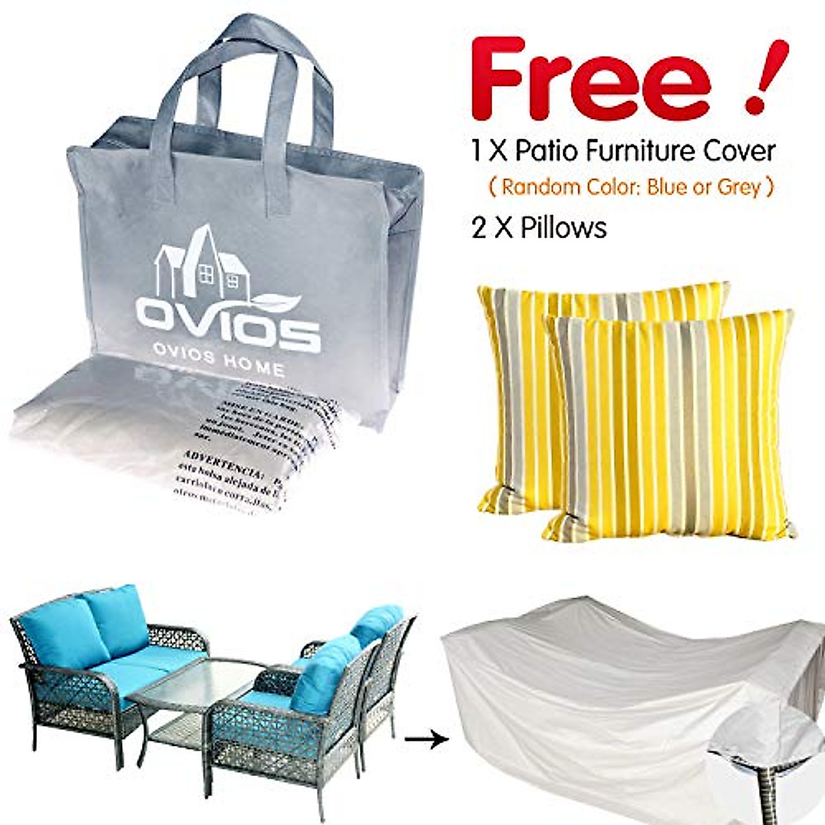 ovios Patio Wicker Outdoor Furniture Sets, Outdoor Patio Furniture Sets, All Weather Patio Furniture, Rattan Wicker Conversation Set with Cushions and Coffee Table (Gray Wicker + Blue Cushion)