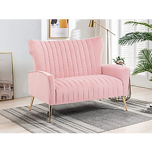 Altrobene Velvet Couch Modern Wingback Loveseat Tufted Luxury Sofa with Gold Legs for Living Room/Bedroom, Light Pink