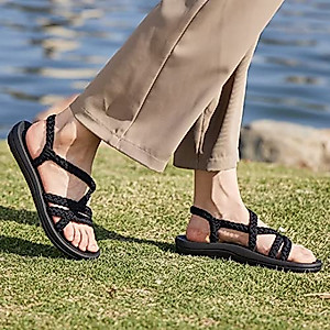 MEGNYA Comfortable Hiking Sandals for Womens, Casual Arch Support Walking Slide for Shock Absorber, Lightweight Wadable Beach Sandals for Vacation, Hanging Out Black Size 8