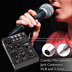 Pyle 3 Channel DJ Controller - USB Mixer Sound Audio Recording Interface with XLR & 3.5 mm Microphone Jack, Line In RCA, Rechargeable Battery, Mix Monitoring, For Professional/ Beginners - PAD15MXU