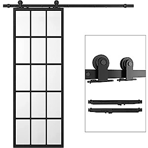 BARNSMITH 30in x 84in Frosted Glass Barn Door with 6FT Top Mounted Hardware kit Include Soft Close Mechanism DIY 15 Lites Modern Aluminum Frame Glass Sliding Barn Door Disassembled Easy Installation