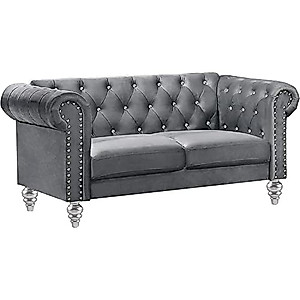 New Classic Furniture Glam Emma Velvet Two Seater Chesterfield Style Loveseat for Small Spaces with Crystal Button Tufts, Gray