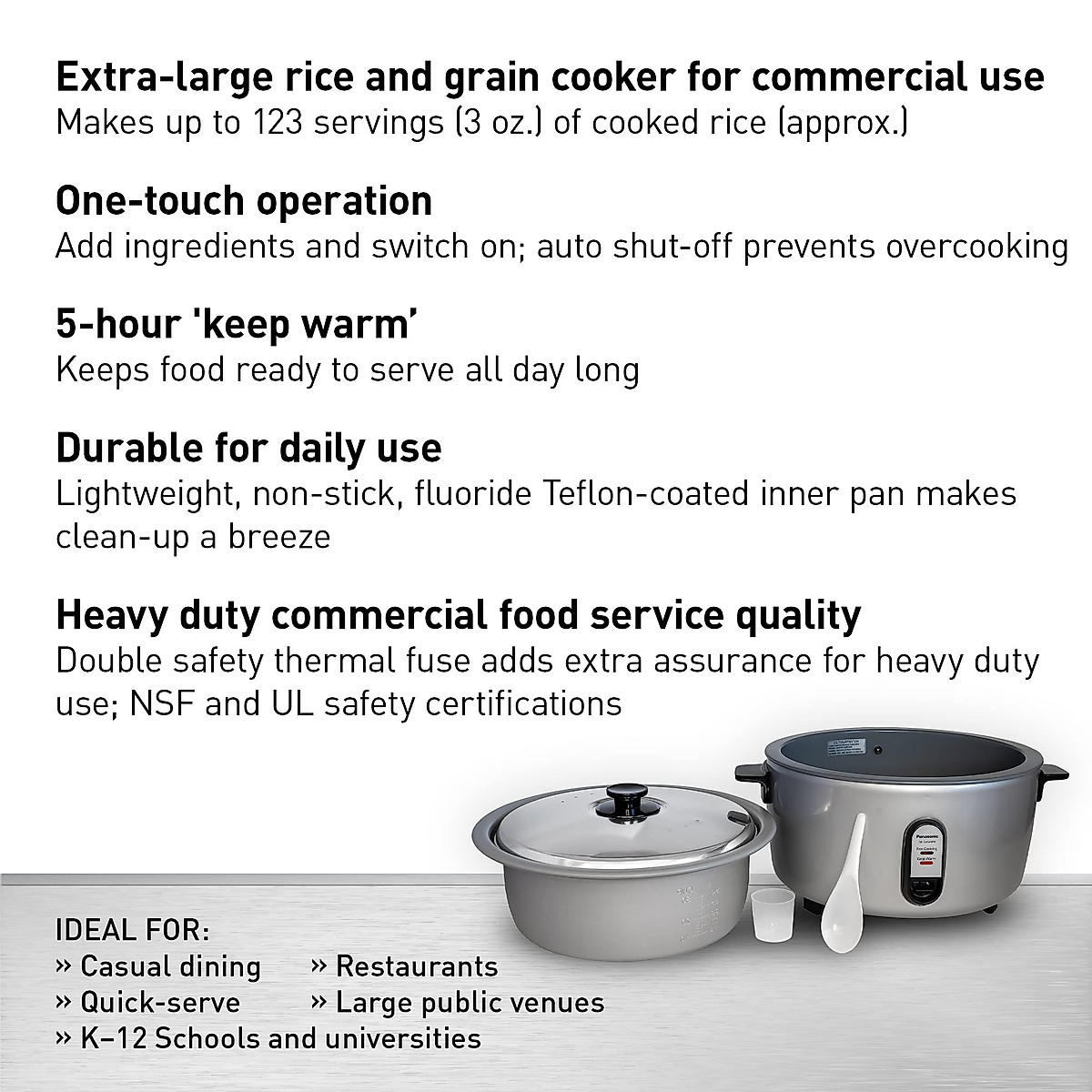 Panasonic Commercial Rice Cooker, Extra-Large Capacity 60-Cup (Cooked), 30-Cup (Uncooked) with One-Touch Operation and Durable Non-Stick Coated Pan - SR-GA541FH – Silver