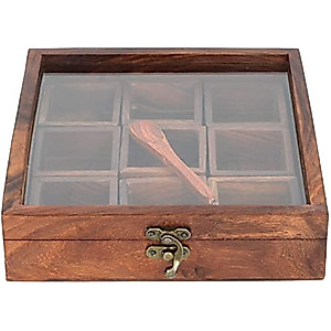 Ajuny Wooden 9 Containers Masala Dabba Spice Box with Glass Lid on Top and Spoon, 5.5x20.5 Cm