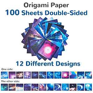 100 Sheets Double Sided Origami Paper for Kids & Grown-ups 6x6 inch, 12 Vibrant Designs of Beautiful Galaxy Outer Space, Easy Folding for Scrapbook Paper Arts Crafts School