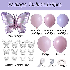 Dusty Purple Butterfly Balloon Garland Arch Kit, 139pcs Pink Lavender Purple Balloons with 3D Silver Butterfly Stickers for Girl Birthday Party Wedding Bridal Shower Baby Shower Decorations