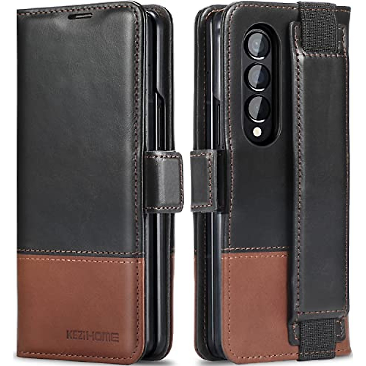 KEZiHOME Samsung Galaxy Z Fold 4 Case, Genuine Leather Galaxy Z Fold 4 Wallet Case [RFID Blocking] with Card Holder Flip Kickstand Magnetic Case Compatible with Samsung Z Fold 4 5G (Black/Brown)