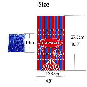 Jayomoli Carnival Circus Holiday Plastic Bags, 100pcs Cellophane Treat Bags Popcorn Bag, Candy Cookie Wrapping with Twist Ties for Party Favors Supply
