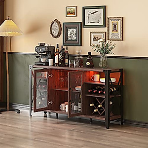 Vabches Wine Bar Cabinet for Liquor & Glasses, Farmhouse Coffee with LED Strip, Home Living Room Dining Room, Sideboard Buffet Storage, 58 in(L), Dark Brown (D8L235BR02)