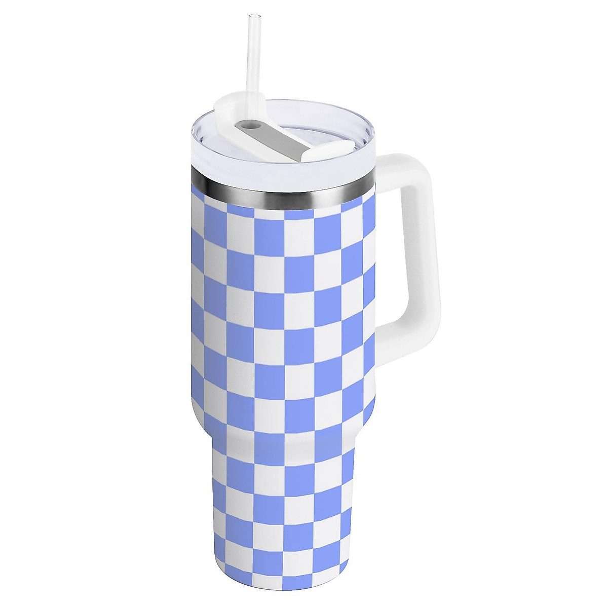 Blue White Checkered 40 oz Tumbler with Handle and Straw Lid, Insulated Coffee Cup Reusable Stainless Steel Water Bottle Travel Mug Cupholder Friendly,Gifts for Women Men
