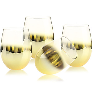 MyGift Brass Metallic Gradient Stemless Wine Glass Set of 4, Wine Glasses for Red or White Wine