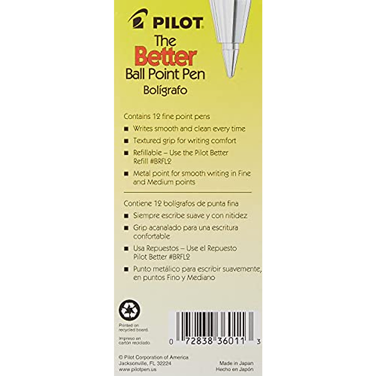 PILOT The Better Ball Point Pen Refillable Ballpoint Stick Pens, Fine Point, Blue Ink, 12-Pack (36011), Dozen Box (0.7mm - Fine)
