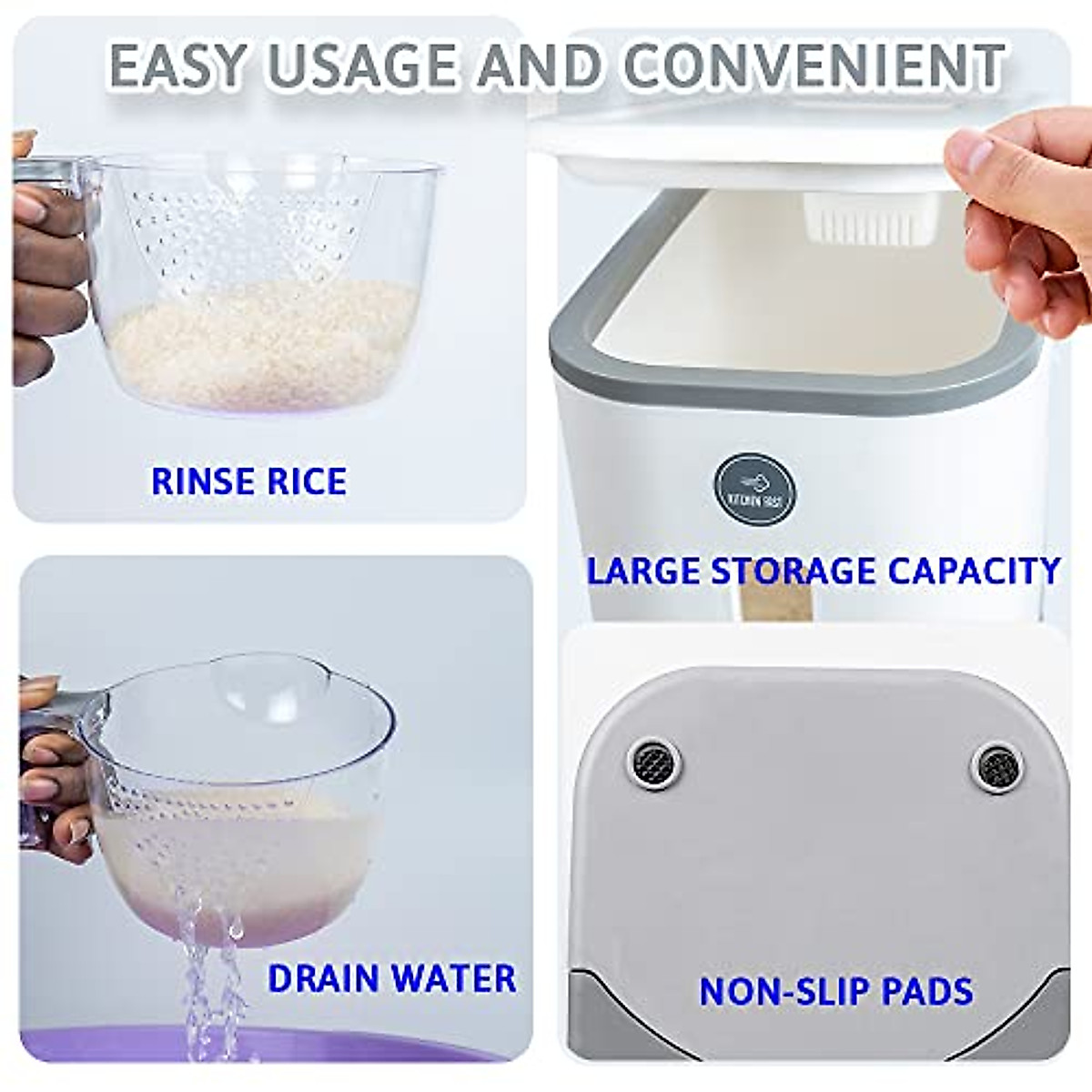 KITCHEN FAST–22LBS Rice Dispenser–Food Dispenser-Attachable Cutlery Holder and Salt/Spice Container–Large Grain Storage with Lid–Extra Storage Box-Moisture Proof-Optimizes Kitchen Space–Rice Storage