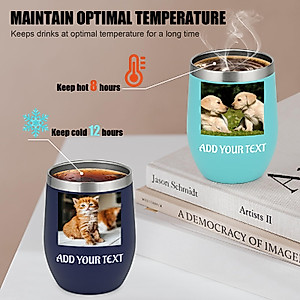 Personalized Custom Wine Tumbler - 12oz Stainless Steel Customized Coffee Mug with Lid & Straw, Double Walled Insulated Cup with Text Picture Name Logo for Hot Cold Drinks Women Men Family (Blue)