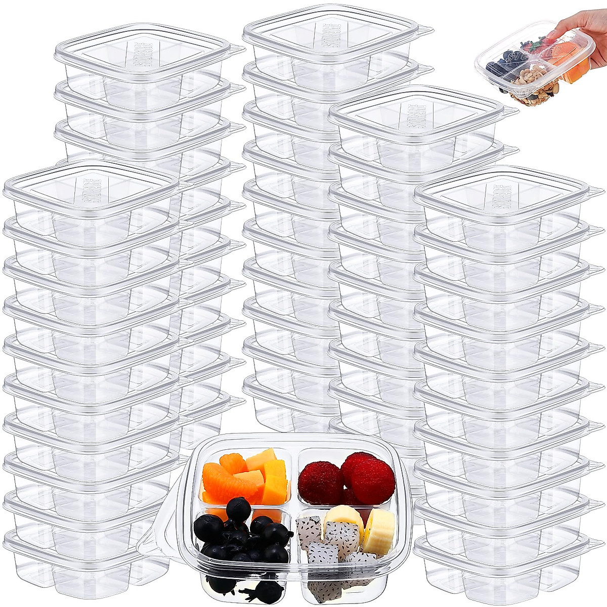Domensi 100 Pcs 4 Compartment Food Containers Clear Plastic Bento Boxes Snack Meal Box Containers with Lids Divided Food Storage Containers for Adults School Work Travel, 5.7 x 5.7 x 1.8 Inch