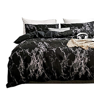 Spring Meow 2024 Upgraded Black Twin Duvet Cover, 100% Washed Duvet Cover Set, Marble Bedding, 3 Pieces with Zipper Closure, 1 Duvet Cover 68x90 inches and 2 Pillow Shams