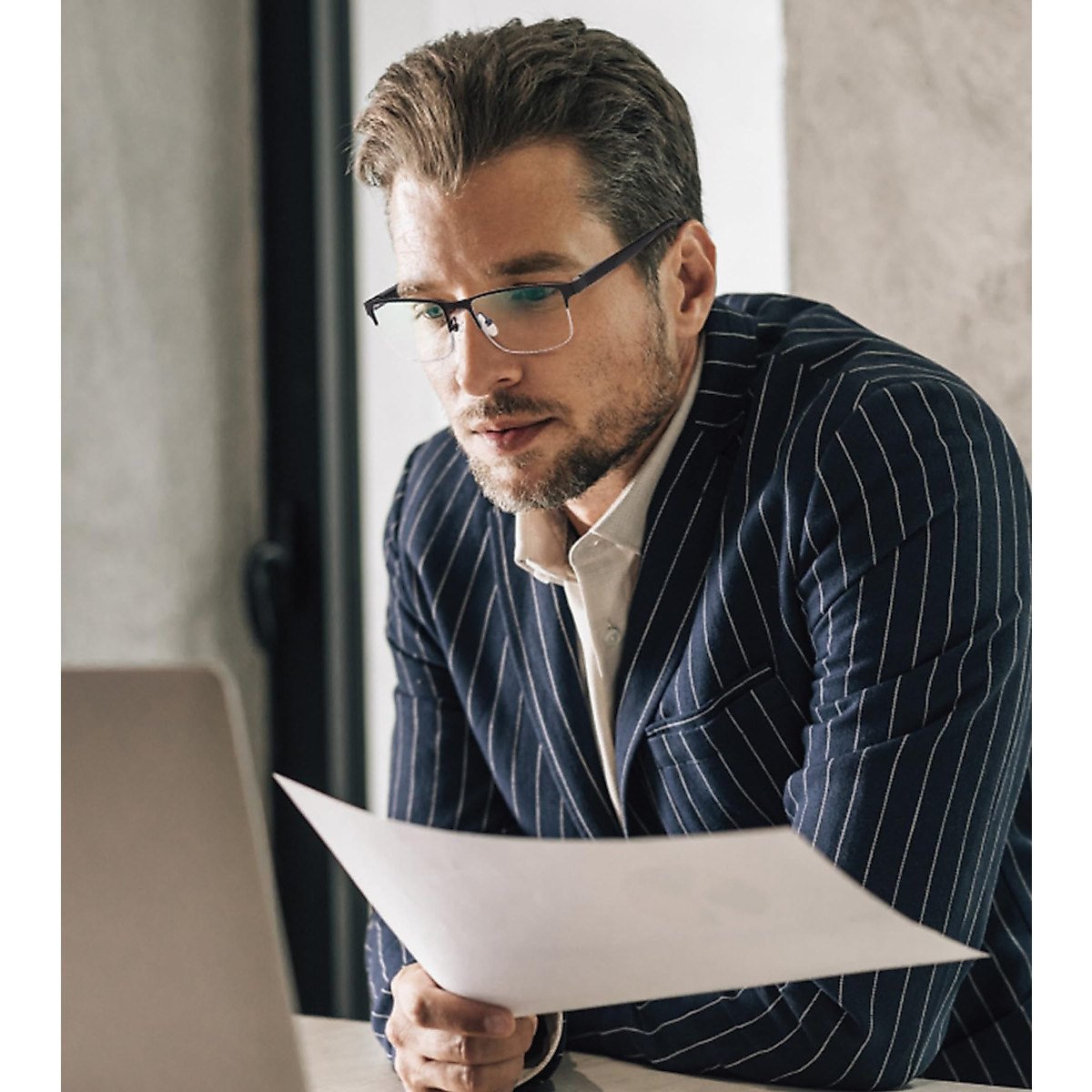 Missfive 2 Pack Mens Quality Progressive Multifocus Reading Glasses Blue Light Blocking, Man Spring Hinge No-Line Multifocal Readers Half Frame Metal Eyeglasses (Workspace For Near Range, 2.5x)