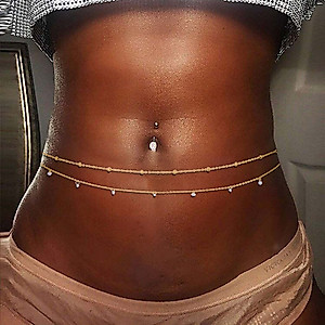 ELABEST Layered Beaded Waist Chain Beads Belly Chain Crystal Stomach Chain Rhinestone Body Jewelry Accessories for Women and Girls (silver)