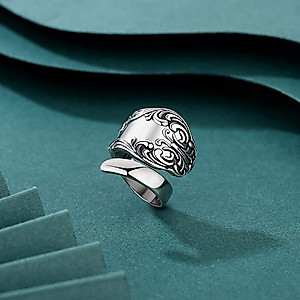 YWDREAM Vintage Silver Spoon Ring, Victorian Boho Flower Spoon Rings for Women, Adjustable Wrap Around Open Ring Statement Jewelry (Butterfly)