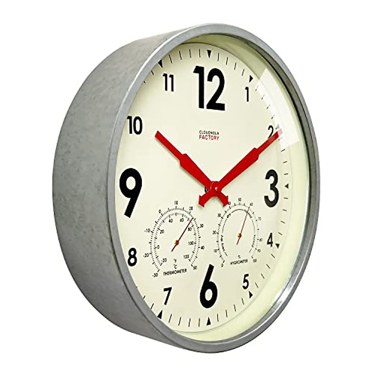 Cloudnola Indoor Outdoor Waterproof Metal Wall Clock with Thermometer and Hygrometer, Zinc Gray, 12 inch Silent Non-Ticking Battery Operated Quality Quartz Round Clock for Patio and Home Decor