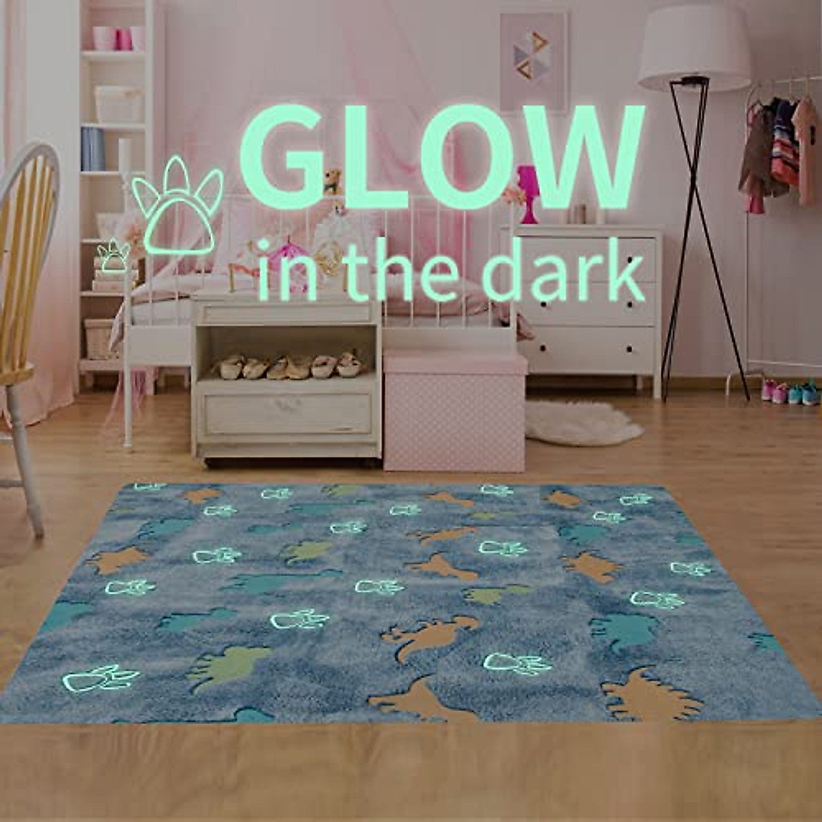QH Seamless Dinosaur Pattern Glow in The Dark Area Rug Area Rug for Living Room Bedroom Playing Room Size 5'x6'