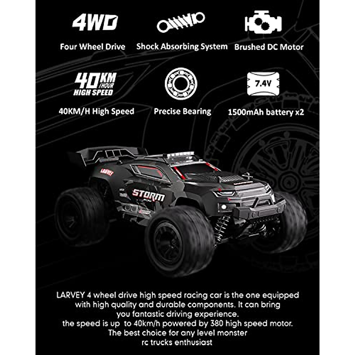 LARVEY 1:18 Scale 4WD Off-Road 40KM/H High Speed Remote Control Car, All Terrains Remote Control Truck with LED Lights, 2.4GHz Remote Control, rc Cars for Boys Age 8-12