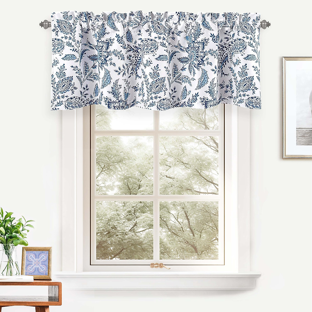 DriftAway Isla Paisley Floral Pattern Blackout Thermal Insulated Window Curtain Valance Rod Pocket 52 Inch by 18 Inch Plus 2 Inch Header Navy