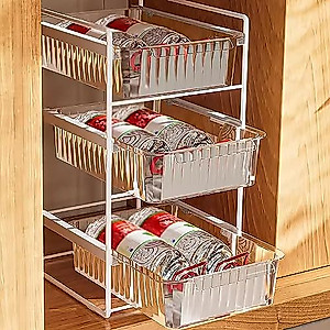 Atkits Clear Under Sink Organizers and Storage Under Sink Kitchen Organizer Pull Out 2-Tier Under Sink Cabinet Organizer with Sliding Storage Drawer,White,3 Tier