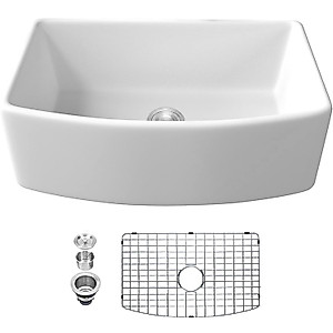 Lordear 30 White Farm Sink 30 inch Farmhouse Sink White Fireclay Ceramic Porcelain Curved Apron Front Single Bowl Farm Kitchen Sink Basin