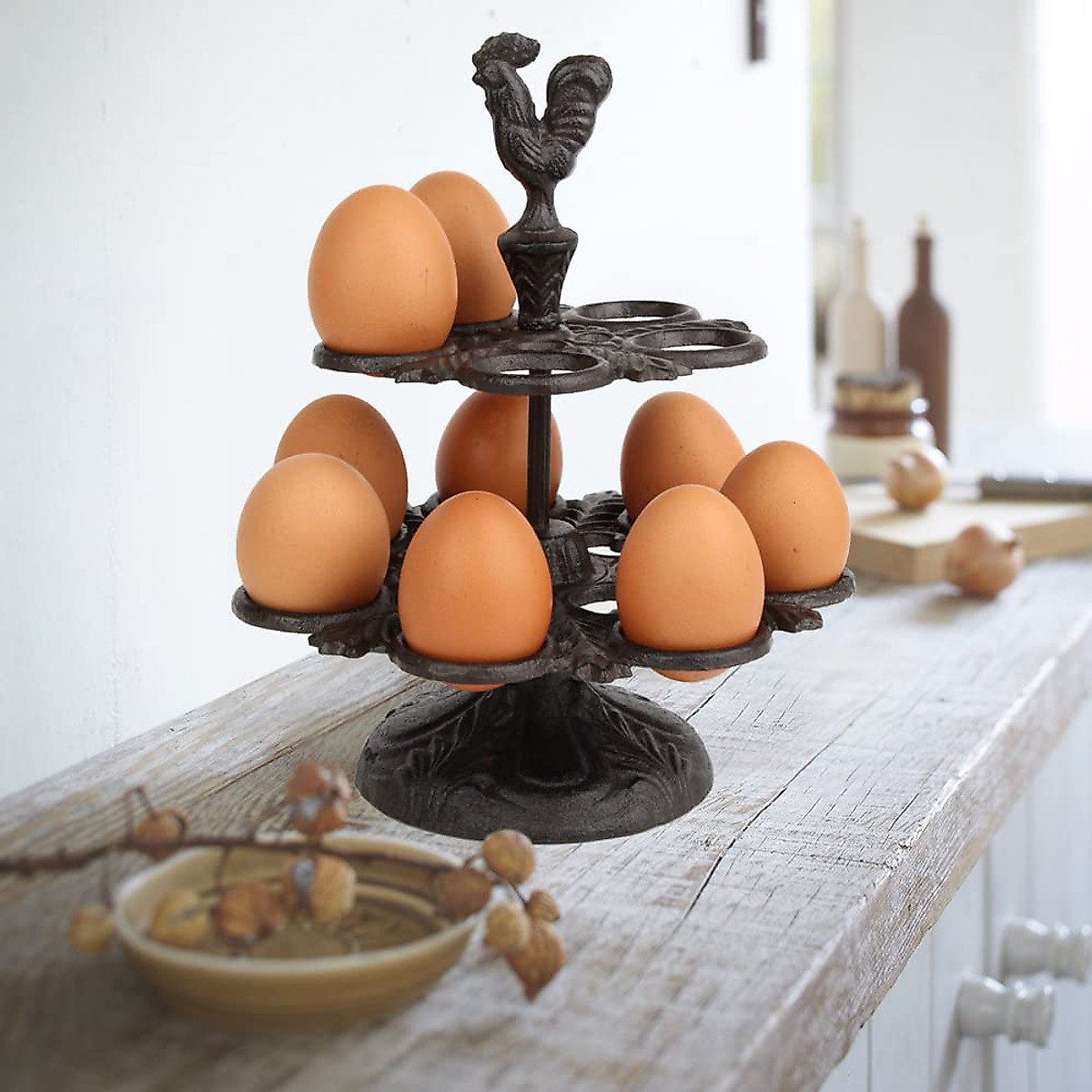 Vixdonos Rustic Egg Holder Iron Egg Rack Rooster Egg Tray for 12 Fresh Eggs
