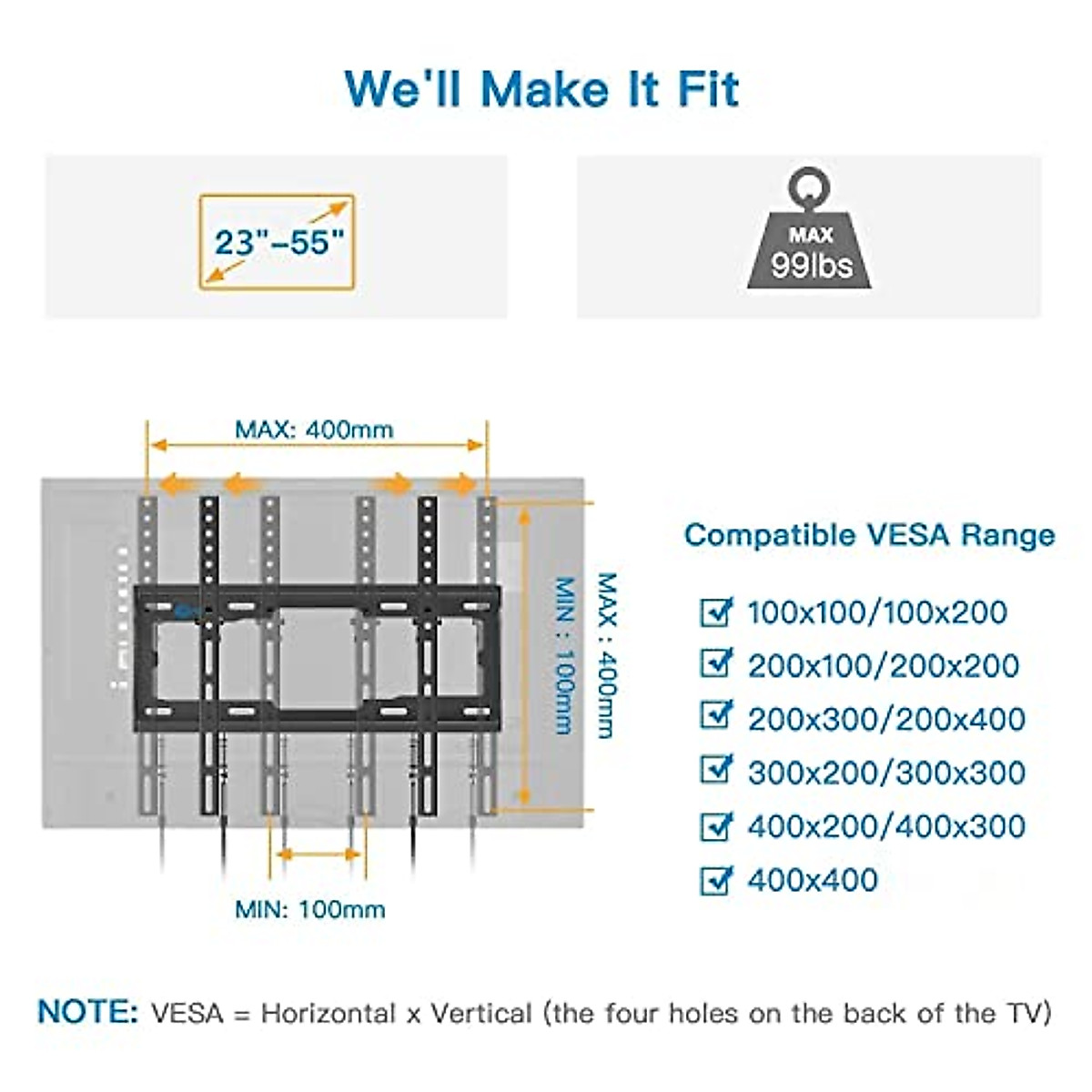 Pipishell UL Listed Tilt TV Wall Mount Bracket Low Profile for Most 23-55 Inch LED LCD OLED 4K Flat Curved TVs up to 99lbs Max VESA 400x400mm, 8° Tilting for Anti-Glaring, Fits 8-16 inch Wood Stud