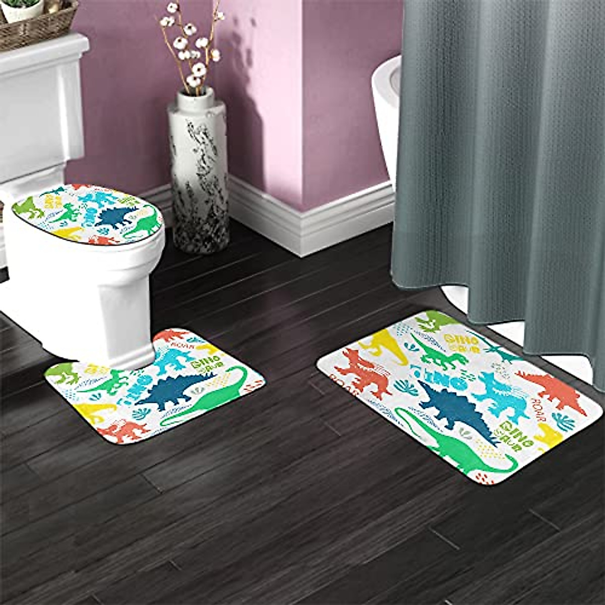 WONDERTIFY Dino Pattern Bathroom Antiskid Pad T-Rex Dinosaur Triceratops 3 Pieces Bathroom Rugs Set, Bath Mat+Contour+Toilet Lid Cover