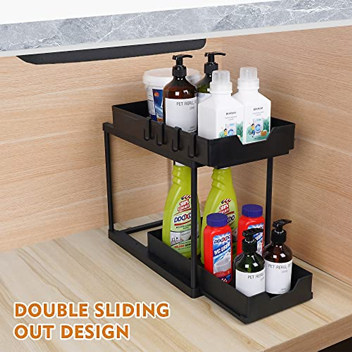 Under Sink Bathroom Cabinet Organizer, Double Sliding out Drawer Kitchen Organization, Multi-use For Vanity Counter Kitchen Storage with Hook, Black