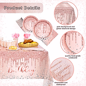 Roshtia 171 Pcs Pink Rose Gold Birthday Party Supplies Pink Birthday Tableware Set Rose Gold Party Plates and Napkin Tablecloths with Banner and Forks Knives Spoons Serve 24 Guest