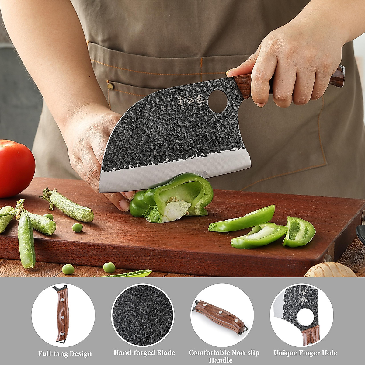 3PCS Butcher Knife Set, 7" Butcher Meat Cleaver, 7" Serbian Chef Knife and 6.5" Viking Knife, Hand Forged Kitchen Knife Set with Plastic Handle, Geat for Home, Camping, BBQ (Unique Finger Hole Design)