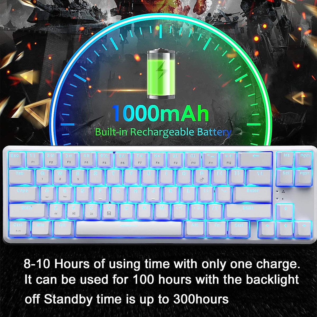 Wireless 60% Mechanical Gaming Keyboard,Ultra-Compact Blue Backlit keyboard Bluetooth 4.0 Tepy C Wired/Wireless Blue Switches Computer Keyboard for Multi-Device iPhone Android Mobile PC Laptop(White)
